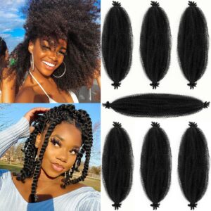 pre-fluffed spring twist hair, pre-stretched marley twist braiding hair, 16 inch 7 packs soft springy afro braiding hair for black women crochet hair, twisted up crochet braids(16inch,7packs,1b#)