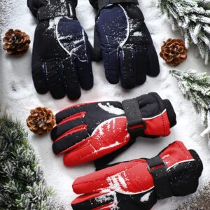 2 Pairs Kids Winter Ski Gloves, Waterproof Windproof Warm Gloves Cold Winter Gloves Unisex Warm Gloves for Boy Girl Skiing (Black, Red,4-6 Years)