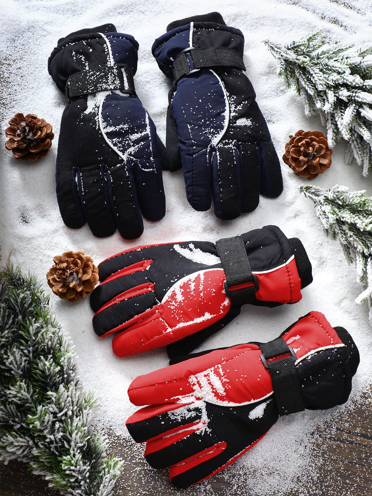 2 Pairs Kids Winter Ski Gloves, Waterproof Windproof Warm Gloves Cold Winter Gloves Unisex Warm Gloves for Boy Girl Skiing (Black, Red,4-6 Years)