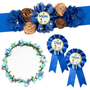 royal prince baby boy maternity sash mom to be & dad to be corsage blue clementine flower crown pregnancy sash decoration african american prince baby shower kit party photo prop gift