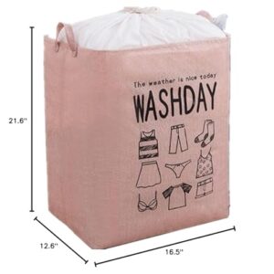 Shellconch Foldable Storage Bin Basket Laundry Basket，Foldable Fabric Storage Bin With Drawstring Cover。Dirty Clothes Hamper for Bedroom.（16.5L x 12.6W x 21.6H） (Pink)