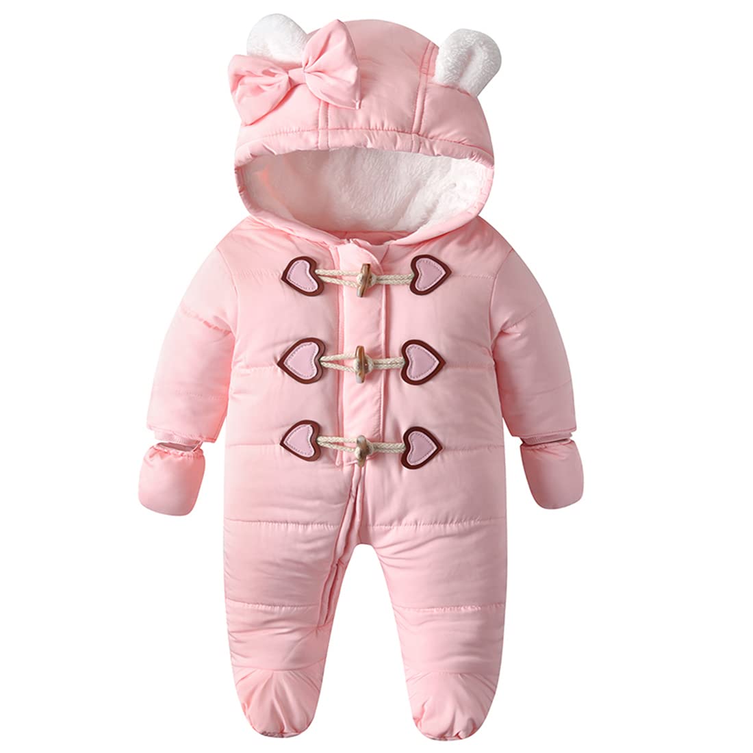 flower frail Baby Boys Girls Winter Snowsuit Jumpsuit Warm Hooded Coat Outerwear Onesie Romper with Footed Gloves Pink 9-12 Months