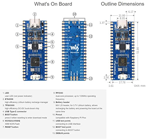 Waveshare RP2040-Plus, A Low-Cost, High-Performance Pico-Like MCU Board Based On Raspberry Pi Microcontroller RP2040 4MB