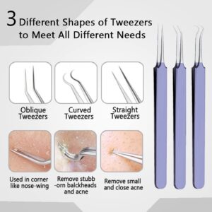 Xesscare Latest Pimple Popper Tool Kit, 16 Pcs Blackhead Remover Tool, Comedone Extractor Acne Removal Kit, Professional Whitehead Tweezers with Metal Case for Facial, Nose and Forehead (Purple)