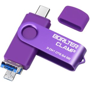 64gb 3 in 1 usb 3.0 flash drive photo stick for android phones, borlterclamp otg memory stick with 3 usb ports (usb c, microusb, usb a) for samsung galaxy, lg, tablets, pc and more, purple