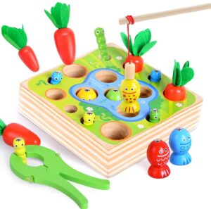 wemmicks montessori toy for 2 3 4 year old, toddler toy with carrot harvest and magnetic fishing game, ​fine motor skill wooden toy for 2-4 year old boys and girls baby preschool learning gift