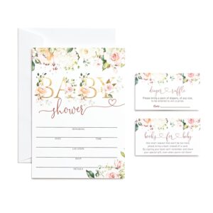 All Ewired Up Wildflower Baby Shower Invitations for Girl with Envelopes, 25 Invites, Diaper Raffle Tickets, Baby Shower Book Request Cards - Watercolor Gold Blush Greenery (Large Size 5X7”)