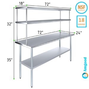 Amgood Stainless Steel Work Table Double Tier Overshelf | Metal Kitchen Prep Table & Shelving Combo (24" x 72" Work Table + 18" Overshelf)