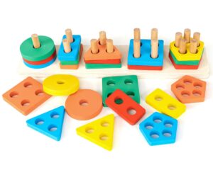 wemmicks wooden sorting & stacking toy for toddlers 1-3, montessori color recognition shape sorter for boys girls, early educational block puzzles for 1 2 3 years old