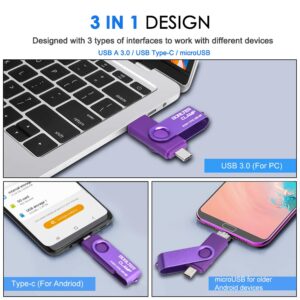 256GB 3 in 1 USB 3.0 Flash Drive Photo Stick for Android Phones, BorlterClamp OTG Memory Stick with 3 USB Ports (USB C, microUSB, USB A) for Samsung Galaxy, LG, Tablets, PC and More, Purple