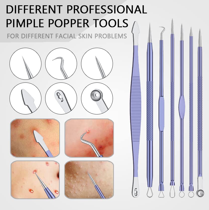 Xesscare Latest Pimple Popper Tool Kit, 16 Pcs Blackhead Remover Tool, Comedone Extractor Acne Removal Kit, Professional Whitehead Tweezers with Metal Case for Facial, Nose and Forehead (Purple)