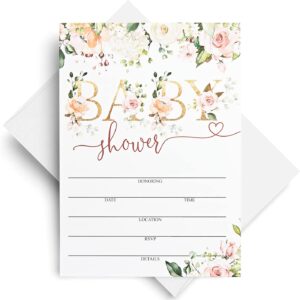 All Ewired Up Wildflower Baby Shower Invitations for Girl with Envelopes, 25 Invites, Diaper Raffle Tickets, Baby Shower Book Request Cards - Watercolor Gold Blush Greenery (Large Size 5X7”)