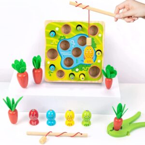 WEMMICKS Montessori Toy for 2 3 4 Year Old, Toddler Toy with Carrot Harvest and Magnetic Fishing Game, ​Fine Motor Skill Wooden Toy for 2-4 Year Old Boys and Girls Baby Preschool Learning Gift