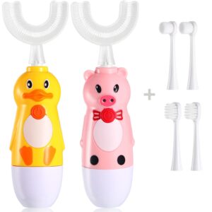 2 pieces kids u-shaped electric toothbrush automatic toothbrushes ultrasonic kids cartoon toothbrush 360 degree whitening kids with 3 types of brush head (yellow and pink)