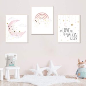 bfgsrtcbox pink star wall art moon rainbow pictures and stars canvas decor cloud nursery picture girl baby room painting 12x16inchx3pcs no frame