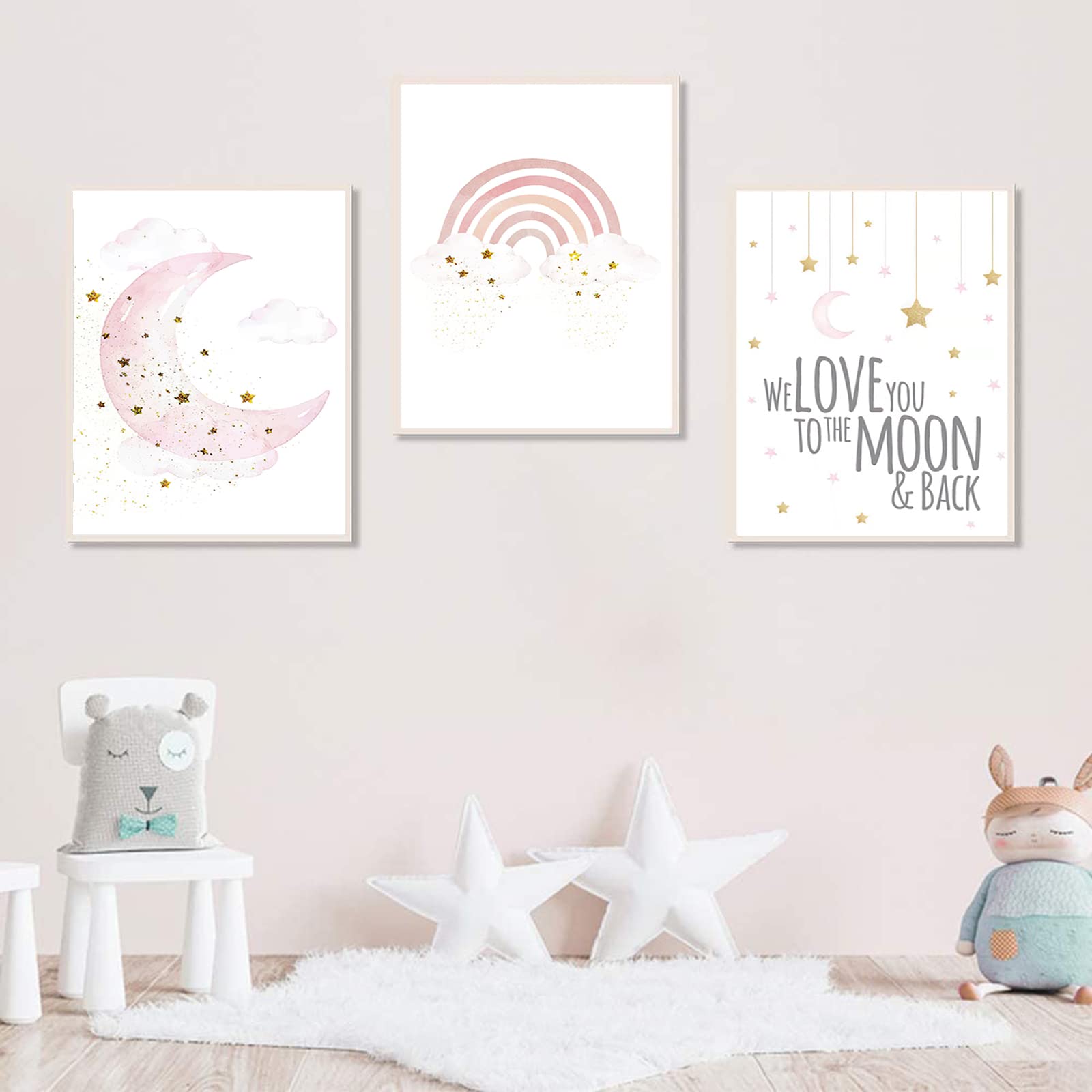 Bfgsrtcbox Pink Star Wall Art Moon Rainbow Pictures and Stars Canvas Decor Cloud Nursery Picture Girl Baby Room Painting 12x16inchx3pcs No Frame