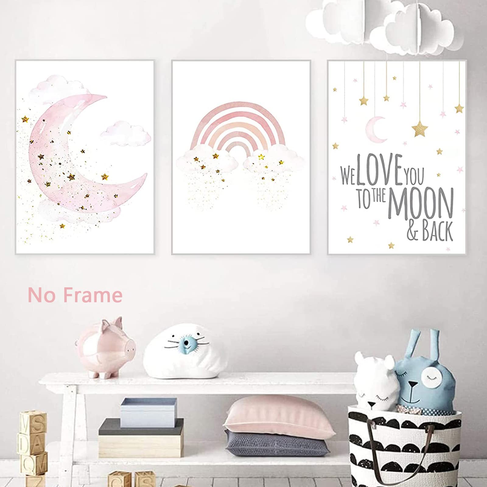 Bfgsrtcbox Pink Star Wall Art Moon Rainbow Pictures and Stars Canvas Decor Cloud Nursery Picture Girl Baby Room Painting 12x16inchx3pcs No Frame