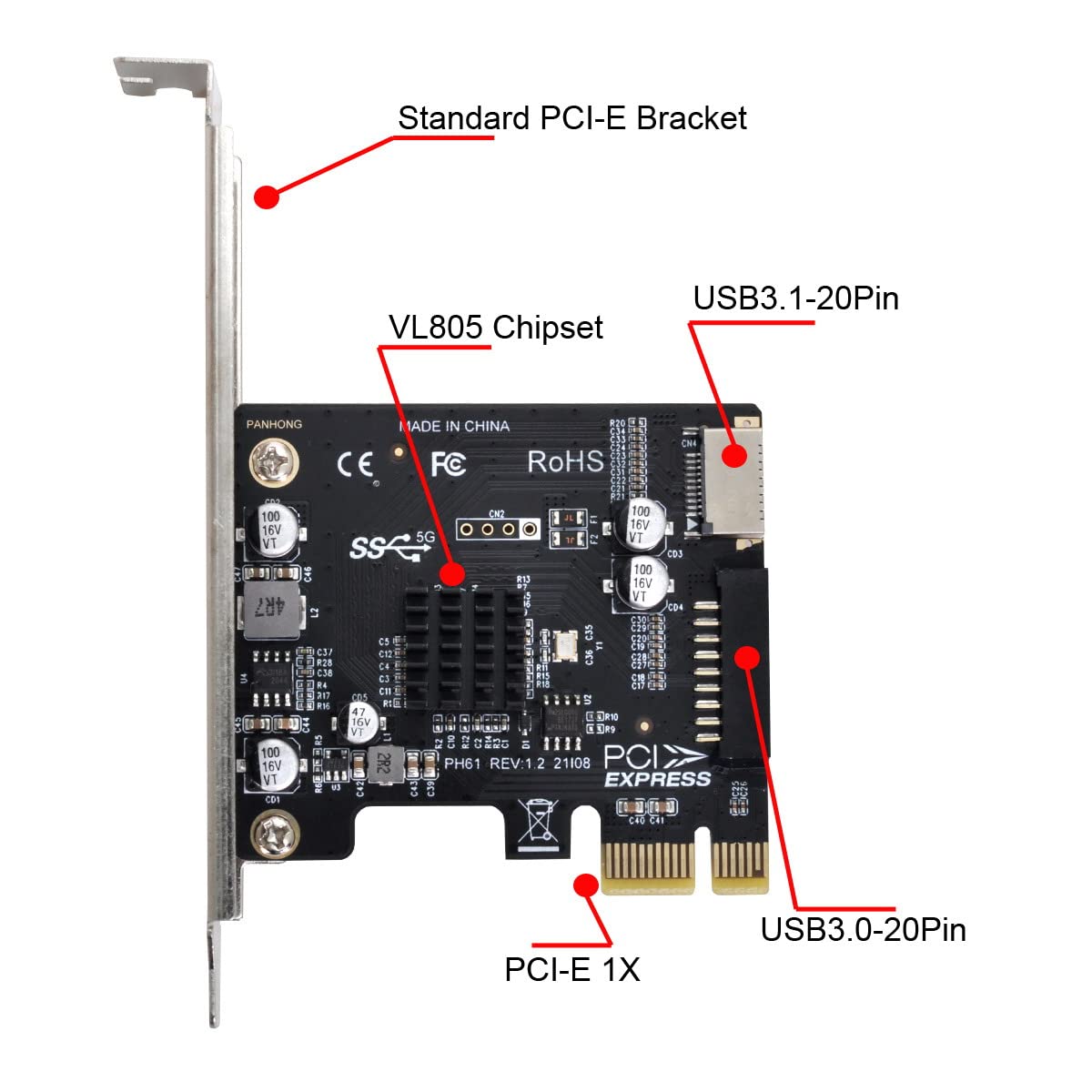 cablecc 5Gbps Type-E USB 3.1 Front Panel Socket & USB 2.0 to PCI-E 1X Express Card VL805 Adapter for Motherboard