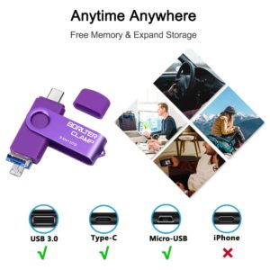 256GB 3 in 1 USB 3.0 Flash Drive Photo Stick for Android Phones, BorlterClamp OTG Memory Stick with 3 USB Ports (USB C, microUSB, USB A) for Samsung Galaxy, LG, Tablets, PC and More, Purple