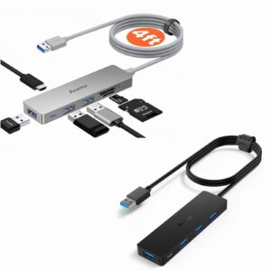 aceele 6 in 1 usb 3.0 hub bundle of 4 in 1 usb 3.0 hub, 4ft extended long cable, ultra-slim multiport expander for desktop computer pc, laptop, chromebook, mac mini, imac, ps4, flash drive data