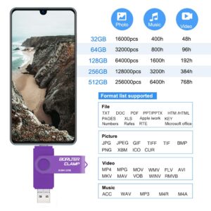 256GB 3 in 1 USB 3.0 Flash Drive Photo Stick for Android Phones, BorlterClamp OTG Memory Stick with 3 USB Ports (USB C, microUSB, USB A) for Samsung Galaxy, LG, Tablets, PC and More, Purple