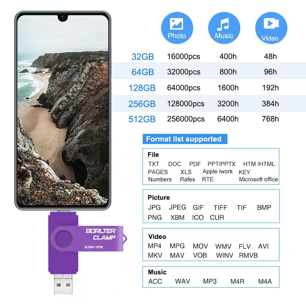 256GB 3 in 1 USB 3.0 Flash Drive Photo Stick for Android Phones, BorlterClamp OTG Memory Stick with 3 USB Ports (USB C, microUSB, USB A) for Samsung Galaxy, LG, Tablets, PC and More, Purple