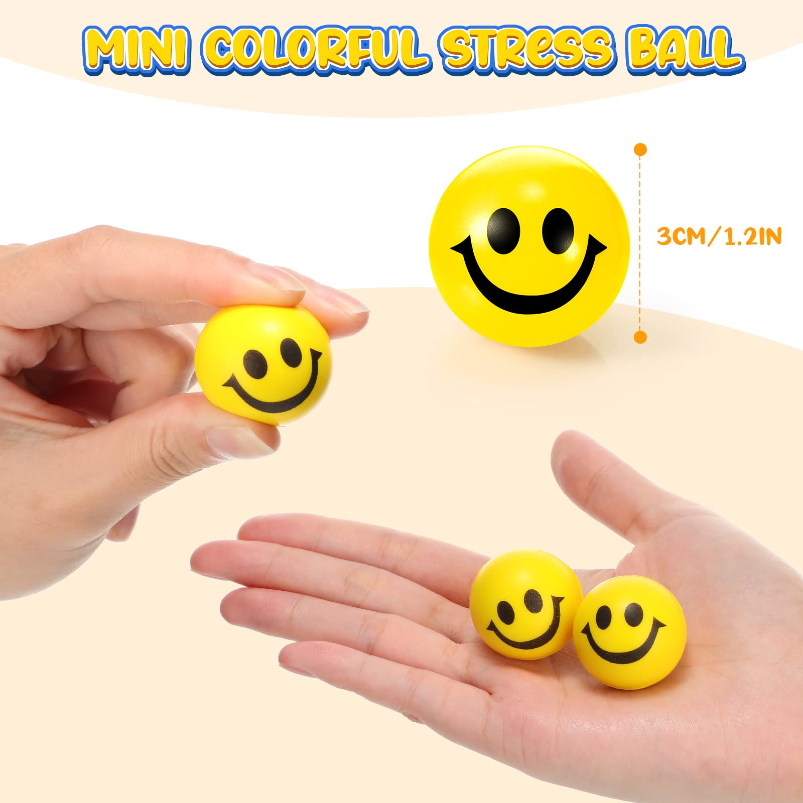 200 Pack Smile Face Stress Balls Mini Stress Balls 1.2 Inch Colored Soft Foam Stress Balls Funny Face Small Stress Balls for Teens Adults Stress Relief Balls Party Reward Gift (Yellow)