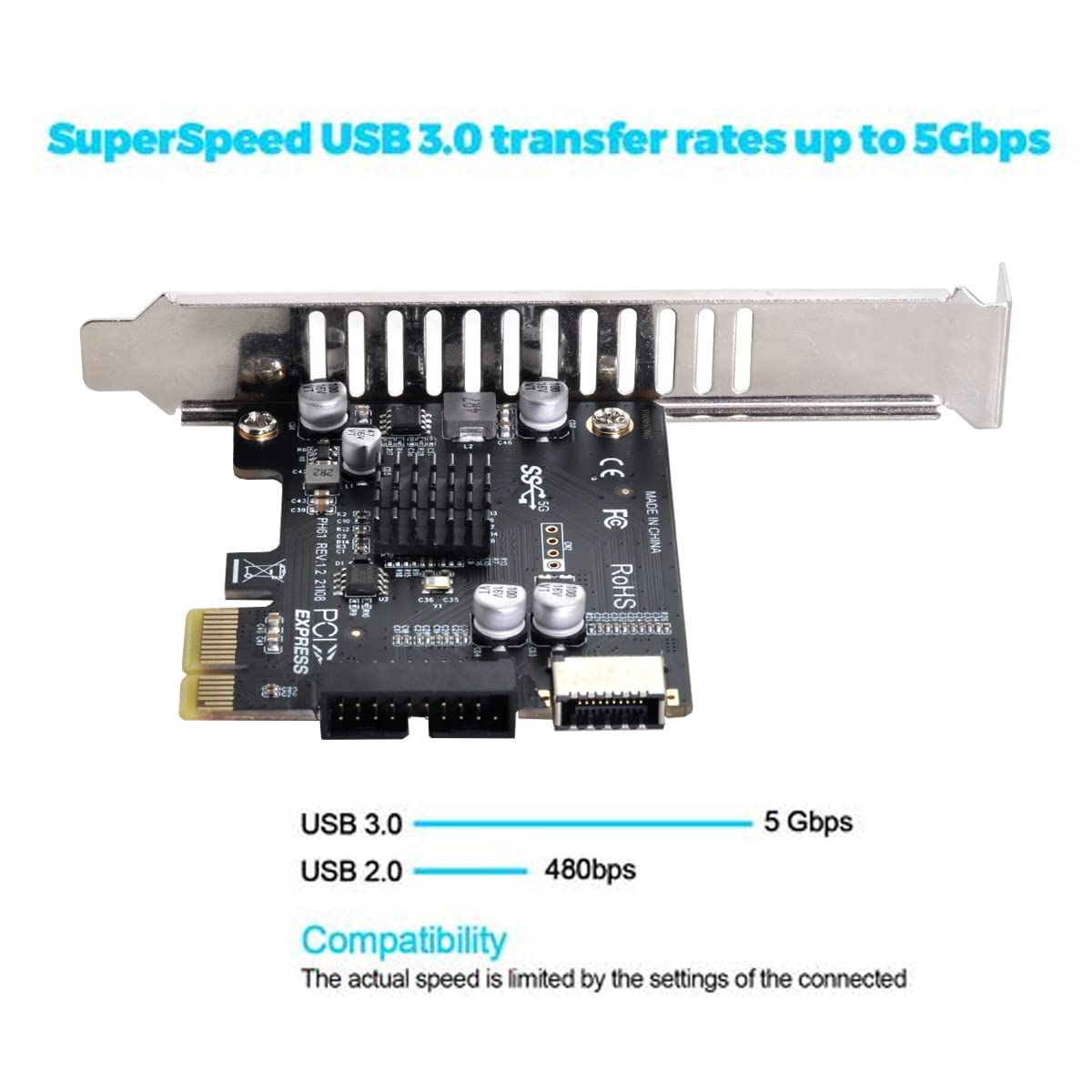 cablecc 5Gbps Type-E USB 3.1 Front Panel Socket & USB 2.0 to PCI-E 1X Express Card VL805 Adapter for Motherboard