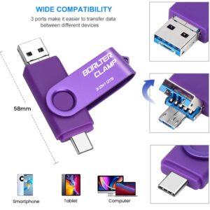 256GB 3 in 1 USB 3.0 Flash Drive Photo Stick for Android Phones, BorlterClamp OTG Memory Stick with 3 USB Ports (USB C, microUSB, USB A) for Samsung Galaxy, LG, Tablets, PC and More, Purple