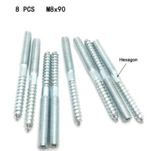 Hanger Bolt M8x90 Silvery Double Headed Bolt Self-Tapping Screw with Hexagon for Furniture 8Pcs