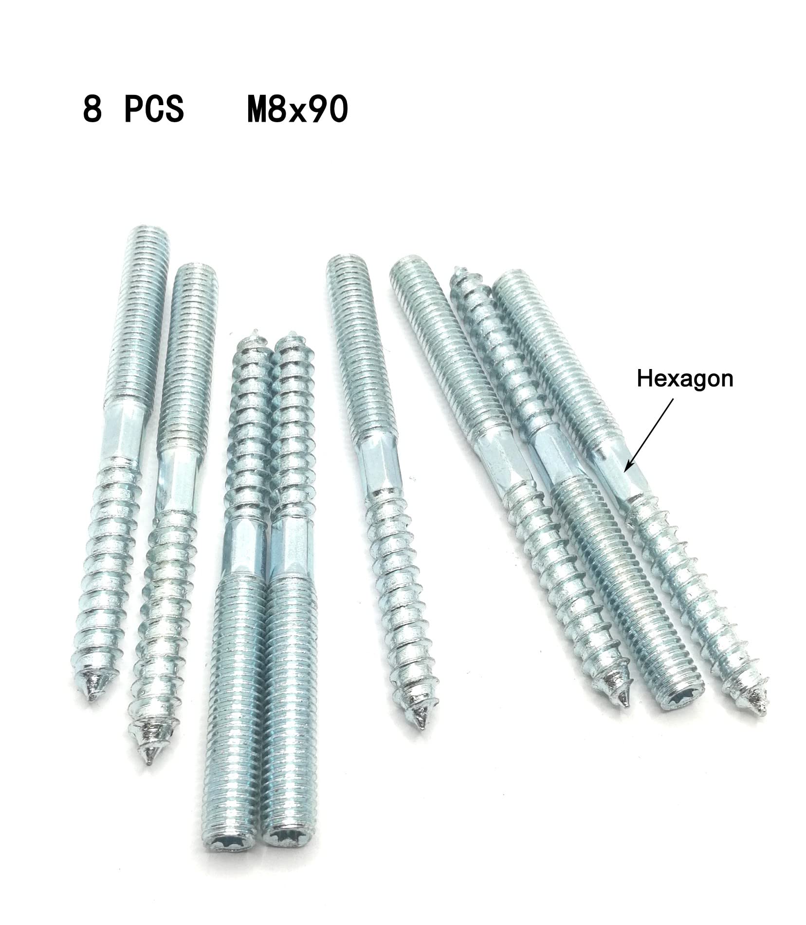 Hanger Bolt M8x90 Silvery Double Headed Bolt Self-Tapping Screw with Hexagon for Furniture 8Pcs