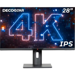 deco gear 28" 4k ultrawide ips monitor, crisp 3840x2160 resolution, 60hz refresh rate, 4ms with od, over 1 billion colors, 100% srgb color accuracy, 16:9 aspect ratio, ambient backlighting