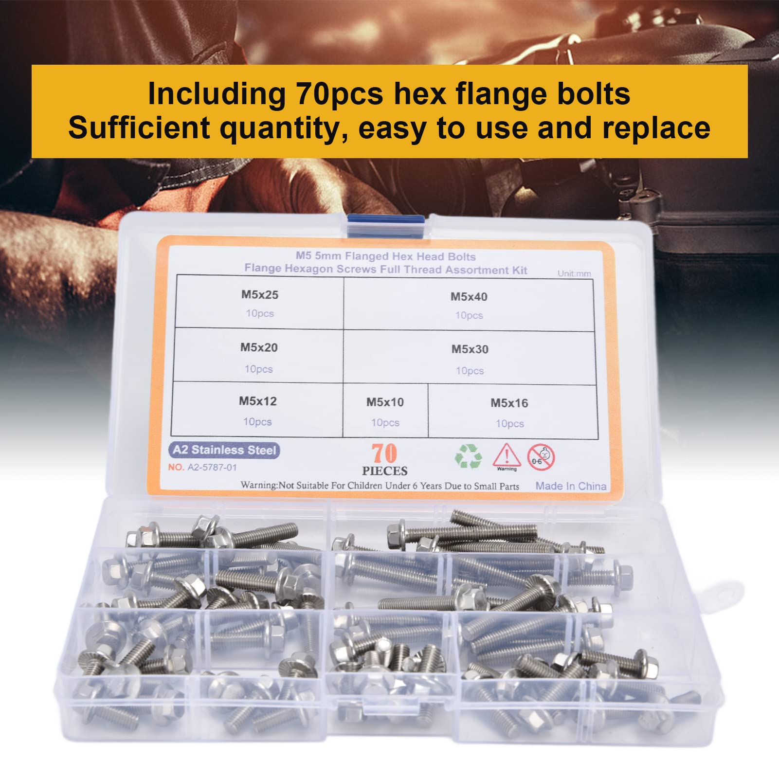 Fafeicy 70Pcs M5 Bolt Assortment Kit, Stainless Steel Hex Bolts Assortment, Hex Flange Bolts for Home Appliance Repair, Industrial Manufacturing, Outdoor Repa, Bolt