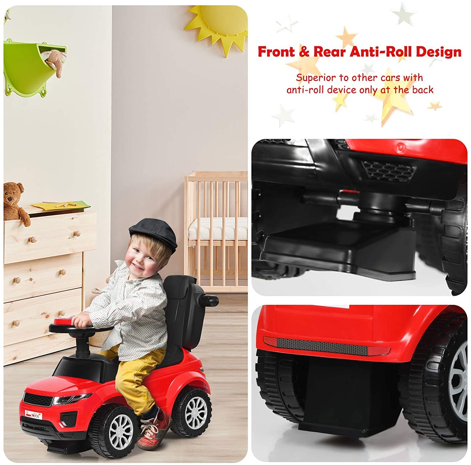 GLACER Push Cars for Toddlers 1-3, 3-in-1 Kids Sliding Car with Detachable Guardrail, Horn, Music, Lights, Storage Box and Anti-Roll Design, Ride on Push Car for Boys Girls (Red)