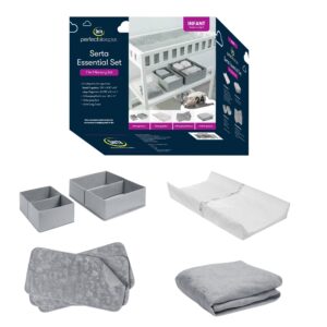 delta children serta 7-piece essential changing table set - newborn baby gift set for boys and girls – includes changing pad, plush changing pad cover, 3 changing pad liners and 2 storage bins, grey