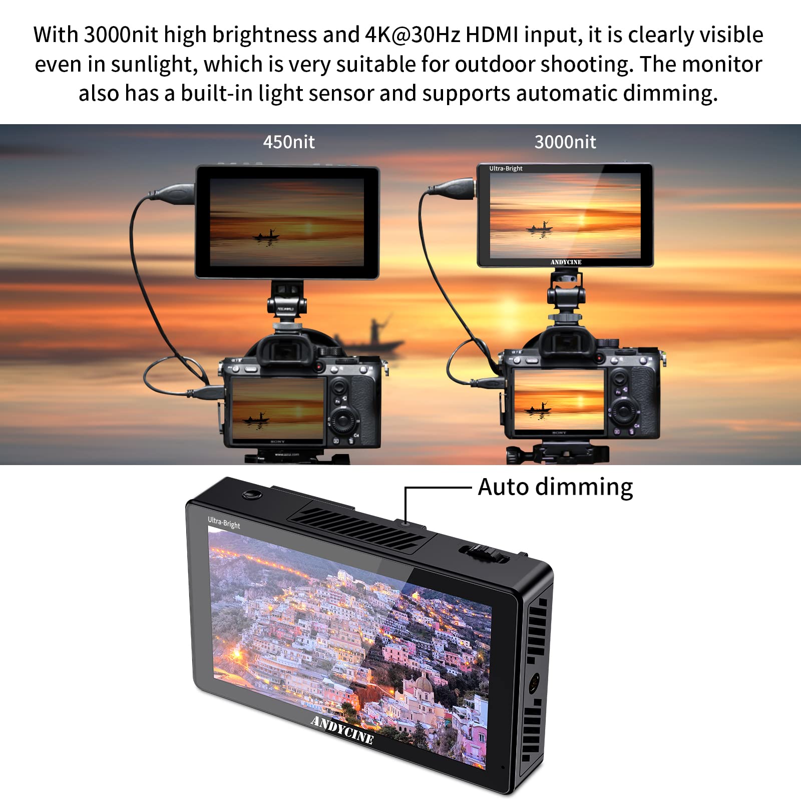 ANDYCINE C5 5.5 Inch Ultra High Bright 3000nit Touch Screen DSLR On-Camera Field Monitor with F970 External Power and Install Kit 4K HDMI Input Output 1920X1080 FHD IPS Panel