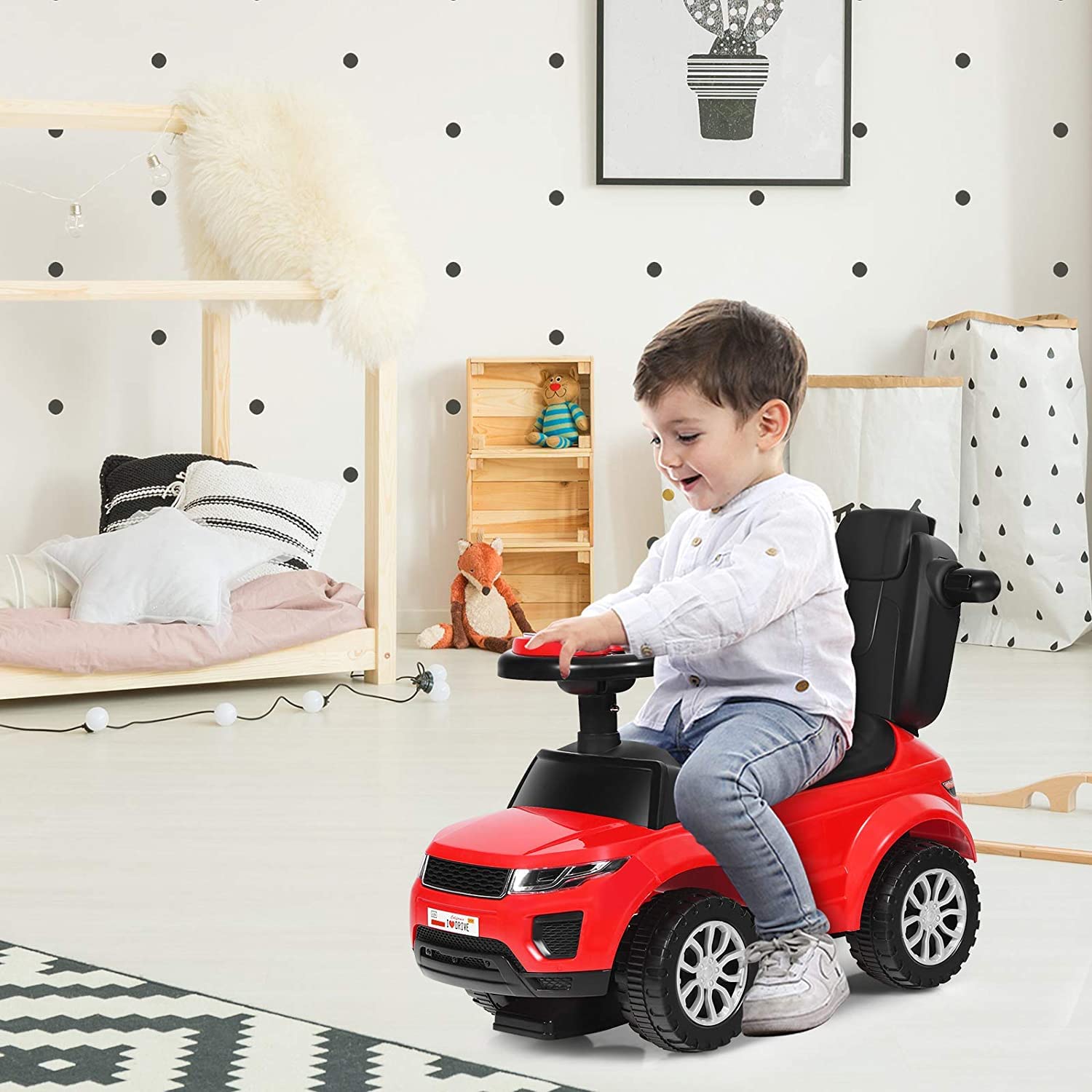 GLACER Push Cars for Toddlers 1-3, 3-in-1 Kids Sliding Car with Detachable Guardrail, Horn, Music, Lights, Storage Box and Anti-Roll Design, Ride on Push Car for Boys Girls (Red)