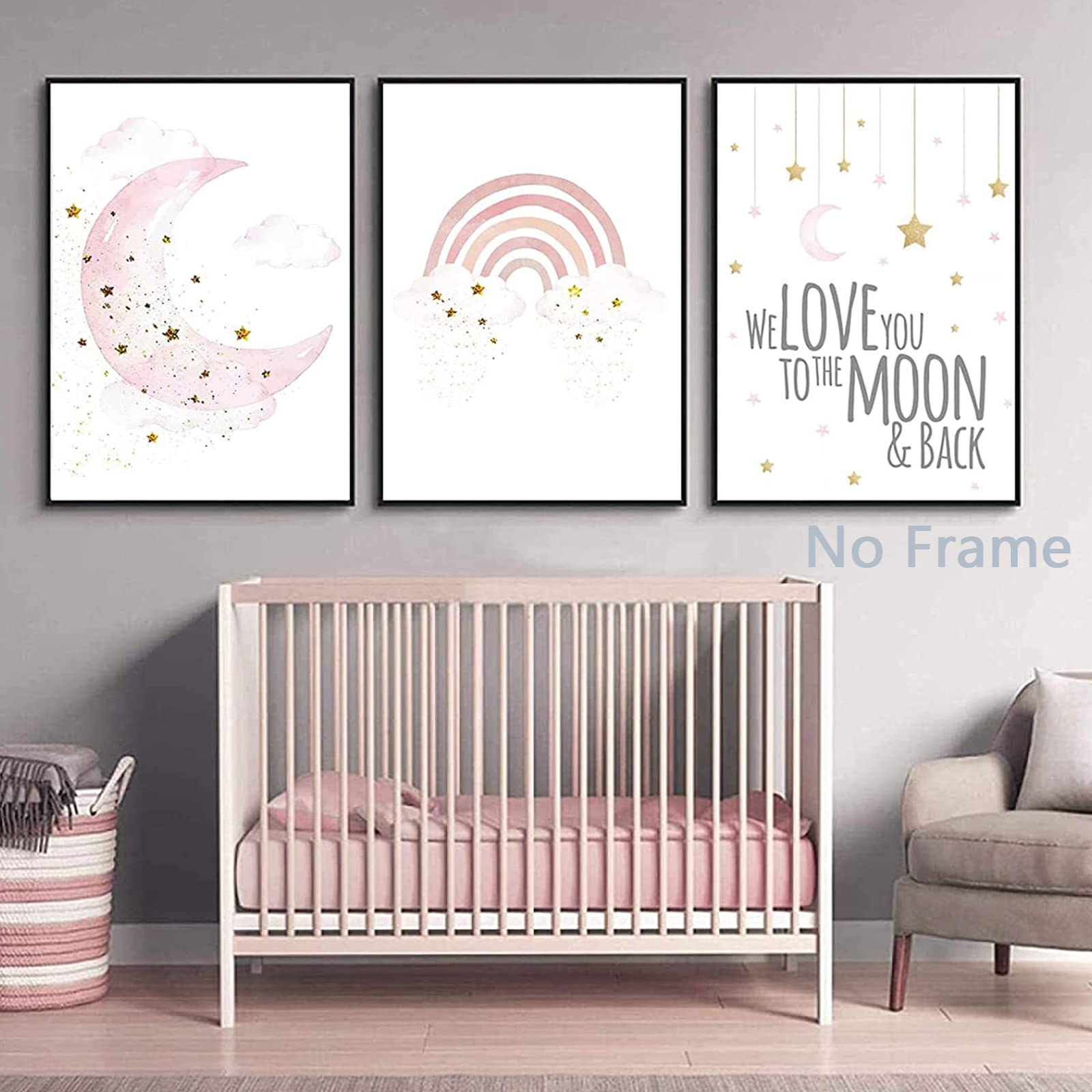 Bfgsrtcbox Pink Star Wall Art Moon Rainbow Pictures and Stars Canvas Decor Cloud Nursery Picture Girl Baby Room Painting 12x16inchx3pcs No Frame