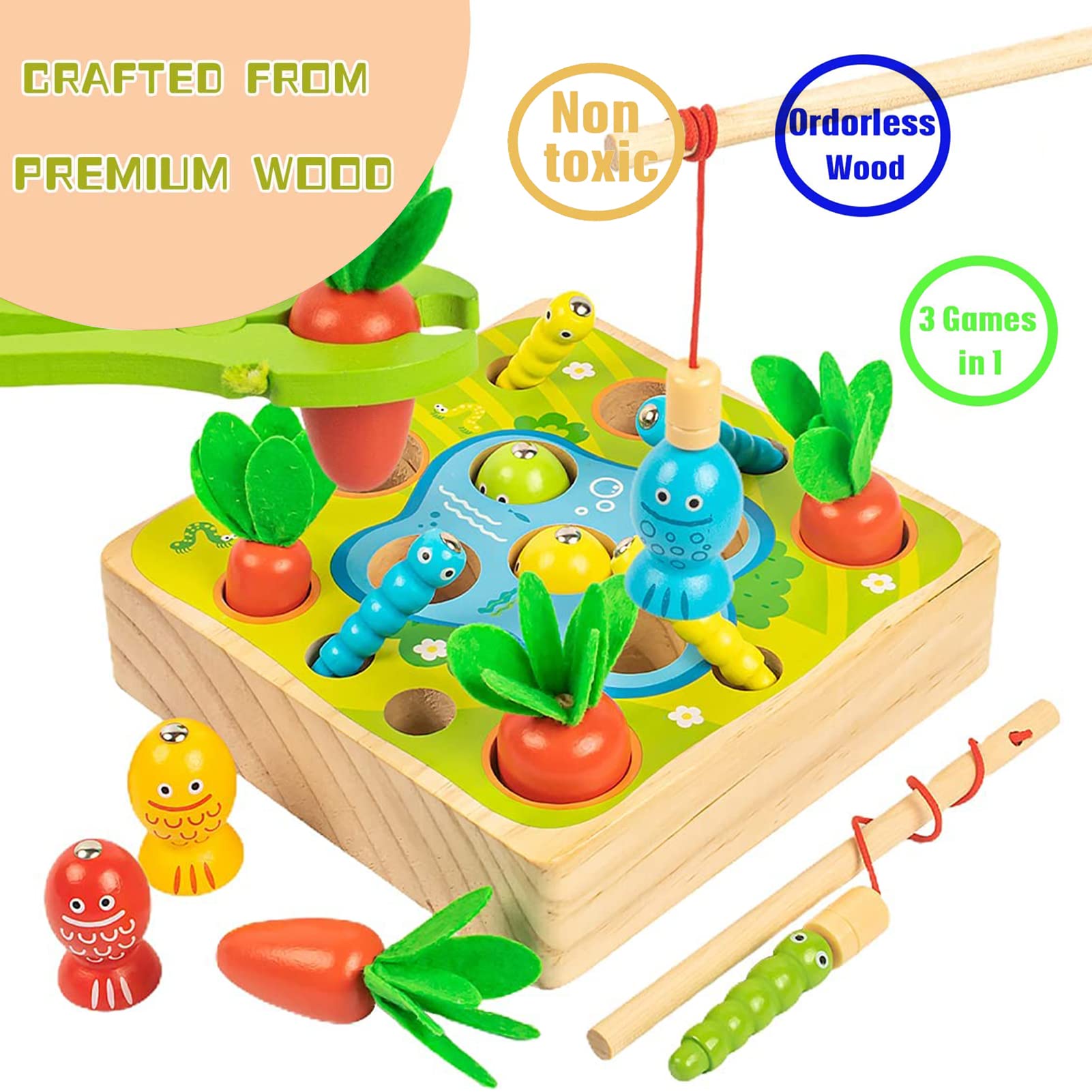 WEMMICKS Montessori Toy for 2 3 4 Year Old, Toddler Toy with Carrot Harvest and Magnetic Fishing Game, ​Fine Motor Skill Wooden Toy for 2-4 Year Old Boys and Girls Baby Preschool Learning Gift