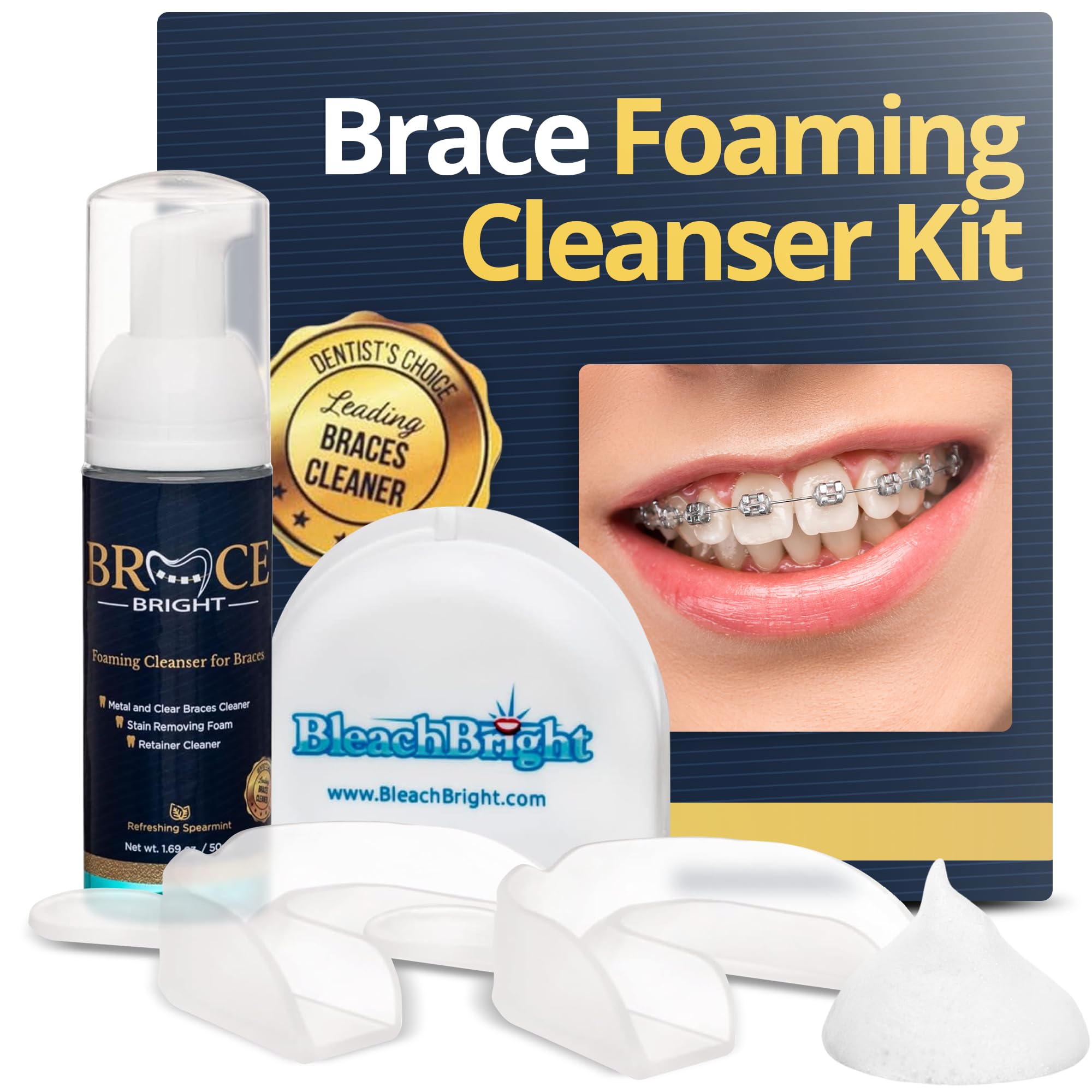 Teeth Whitening for Braces, Braces Cleaner Foam, Brace Teeth Whitening kit for Under Metal, Ceramic, Brackets & Wires. Cleaning Kit, Use w/Toothbrush or Trays No Sensitivity. Minty, Teens, Adults