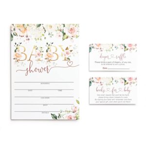 All Ewired Up Wildflower Baby Shower Invitations for Girl with Envelopes, 25 Invites, Diaper Raffle Tickets, Baby Shower Book Request Cards - Watercolor Gold Blush Greenery (Large Size 5X7”)