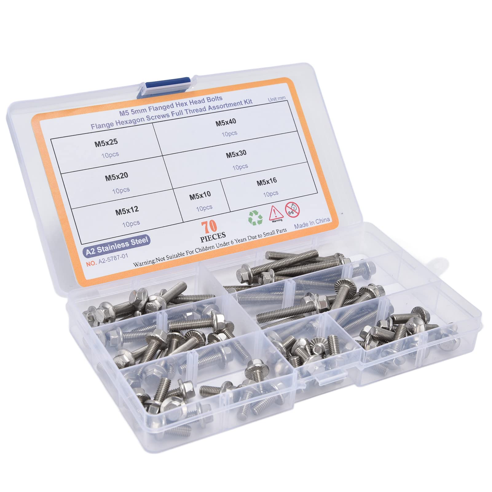 Fafeicy 70Pcs M5 Bolt Assortment Kit, Stainless Steel Hex Bolts Assortment, Hex Flange Bolts for Home Appliance Repair, Industrial Manufacturing, Outdoor Repa, Bolt