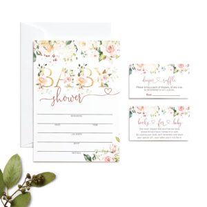 all ewired up wildflower baby shower invitations for girl with envelopes, 25 invites, diaper raffle tickets, baby shower book request cards - watercolor gold blush greenery (large size 5x7”)