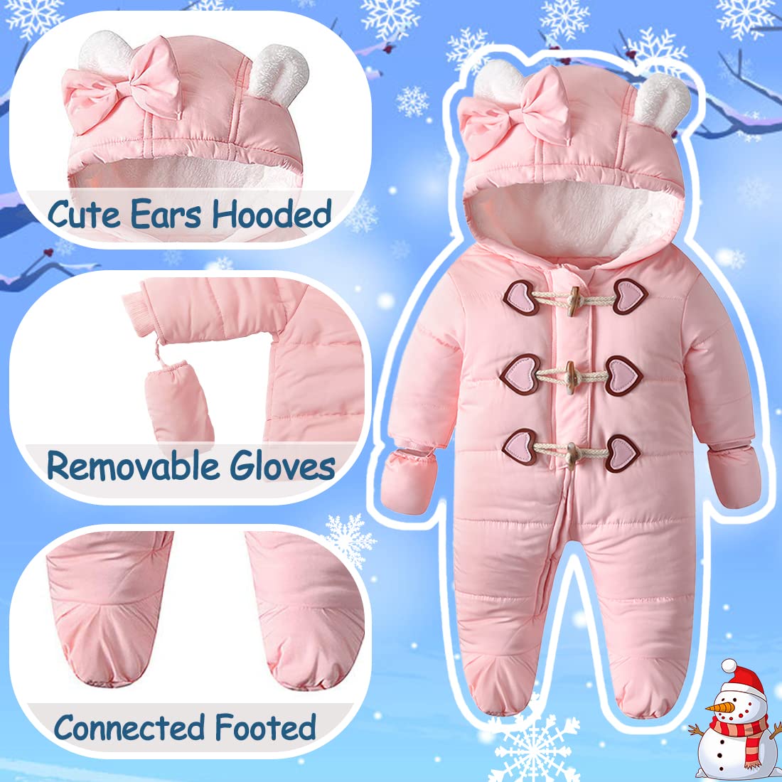 flower frail Baby Boys Girls Winter Snowsuit Jumpsuit Warm Hooded Coat Outerwear Onesie Romper with Footed Gloves Pink 9-12 Months