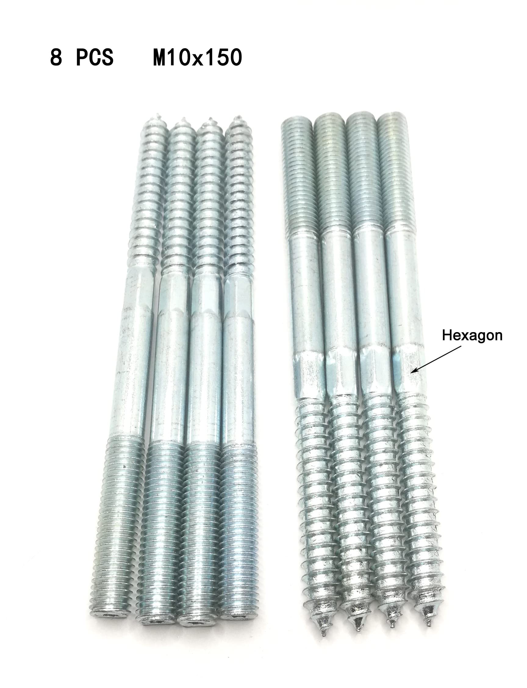 Haozheng Hanger Bolt M10x150 Silvery Double Headed Bolt Self-Tapping Screw with Hexagon for Furniture 8Pcs