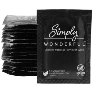 simply wonderful 100 count biodegradable makeup remover wipes, micellar water, plant-based, individually wrapped, 5" x 7"