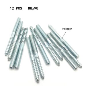 Haozheng Hanger Bolt M8x90 Silvery Double Headed Bolt Self-Tapping Screw with Hexagon for Furniture 12Pcs