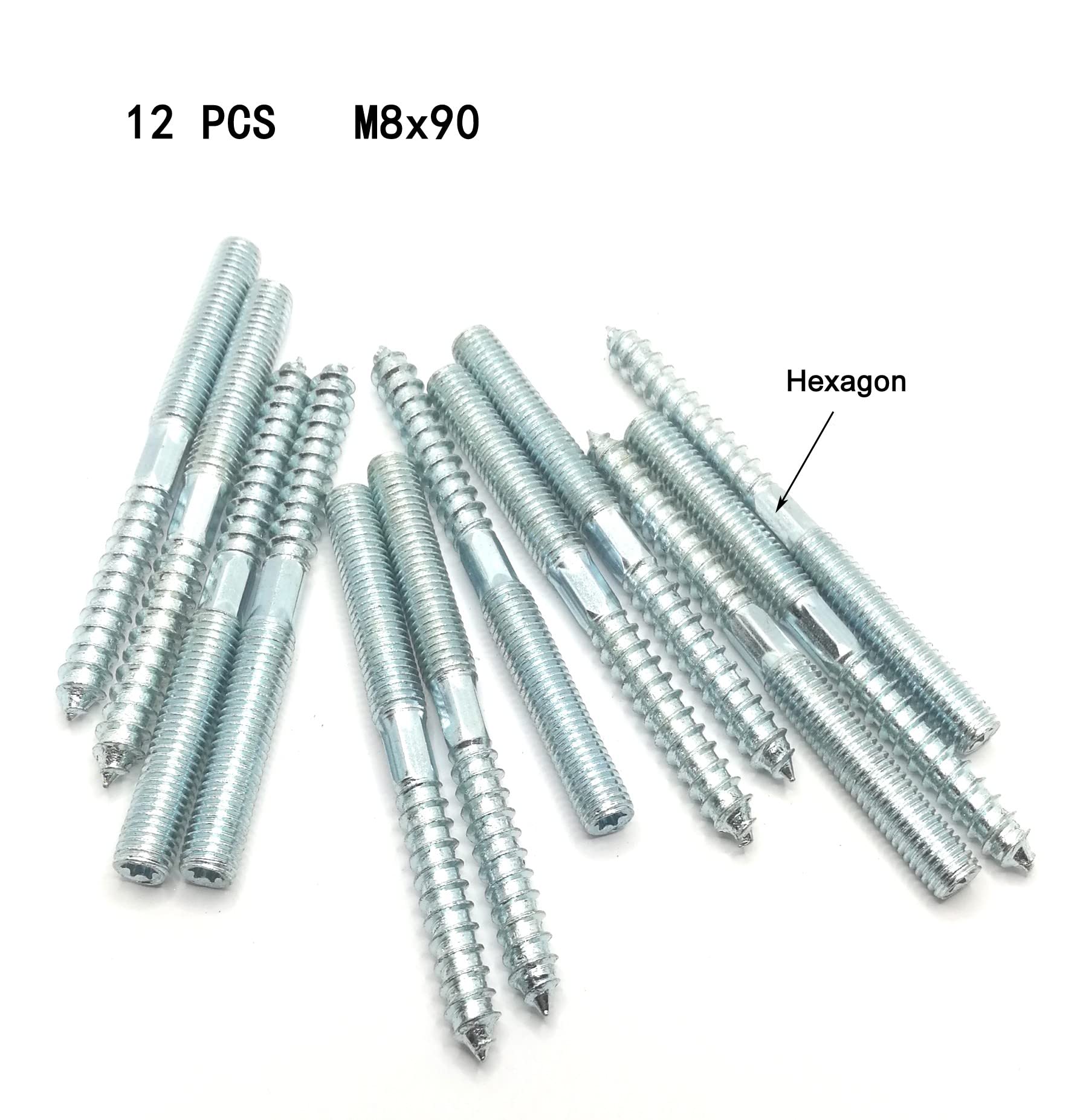 Haozheng Hanger Bolt M8x90 Silvery Double Headed Bolt Self-Tapping Screw with Hexagon for Furniture 12Pcs