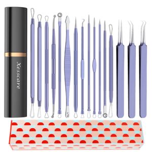 xesscare latest pimple popper tool kit, 16 pcs blackhead remover tool, comedone extractor acne removal kit, professional whitehead tweezers with metal case for facial, nose and forehead (purple)