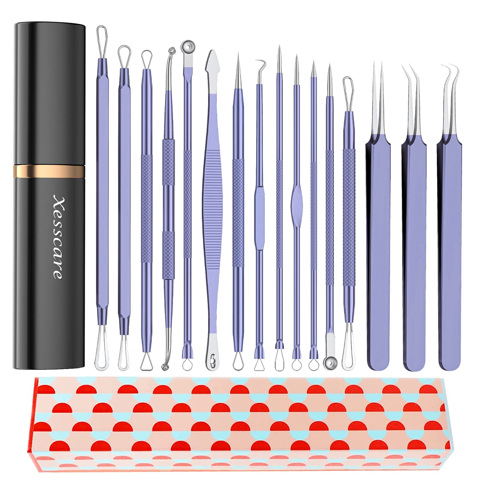 Xesscare Latest Pimple Popper Tool Kit, 16 Pcs Blackhead Remover Tool, Comedone Extractor Acne Removal Kit, Professional Whitehead Tweezers with Metal Case for Facial, Nose and Forehead (Purple)